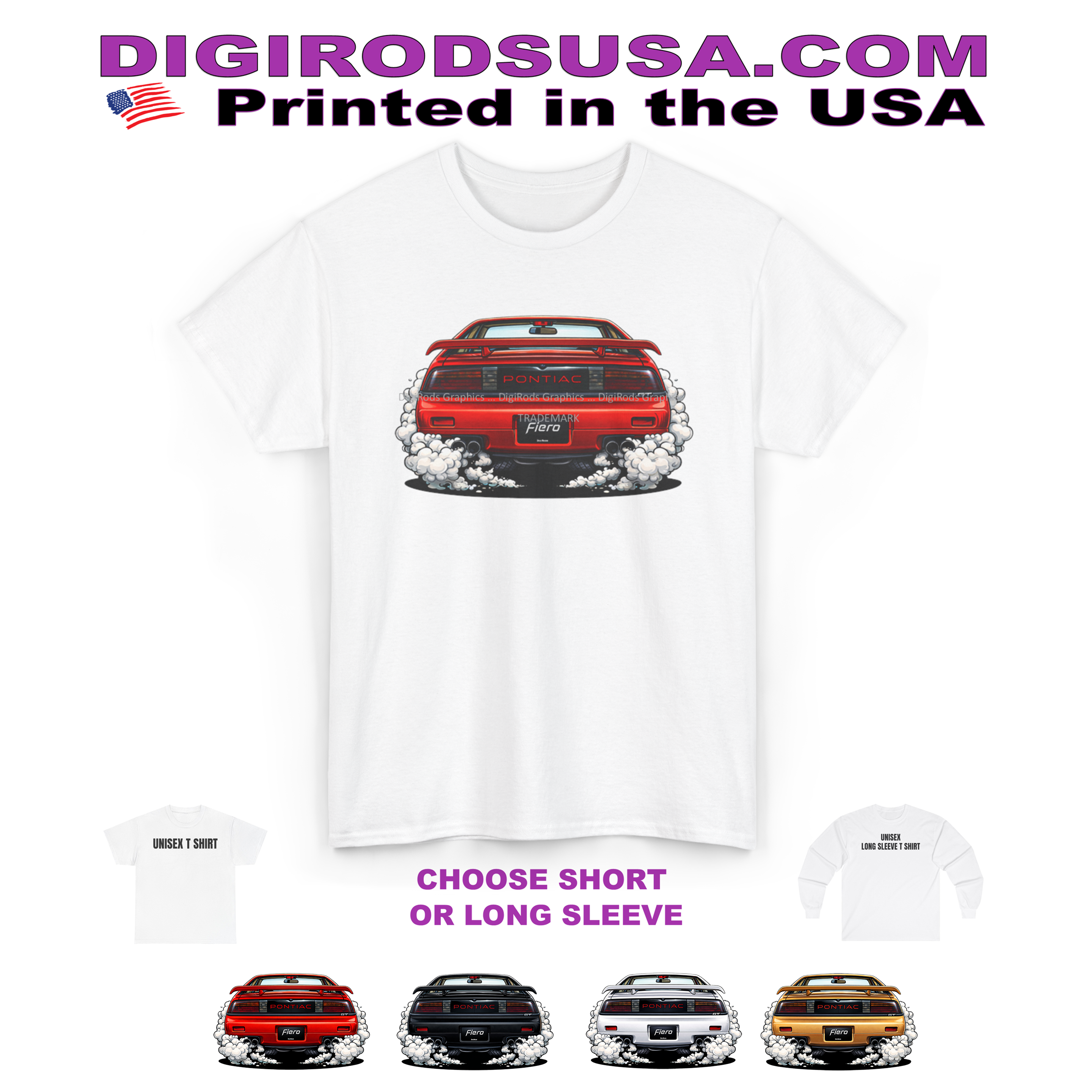 (PON) Pontiac Fiero GT Rear View Burnout DigiRods Cartoon Car T Shirt ...