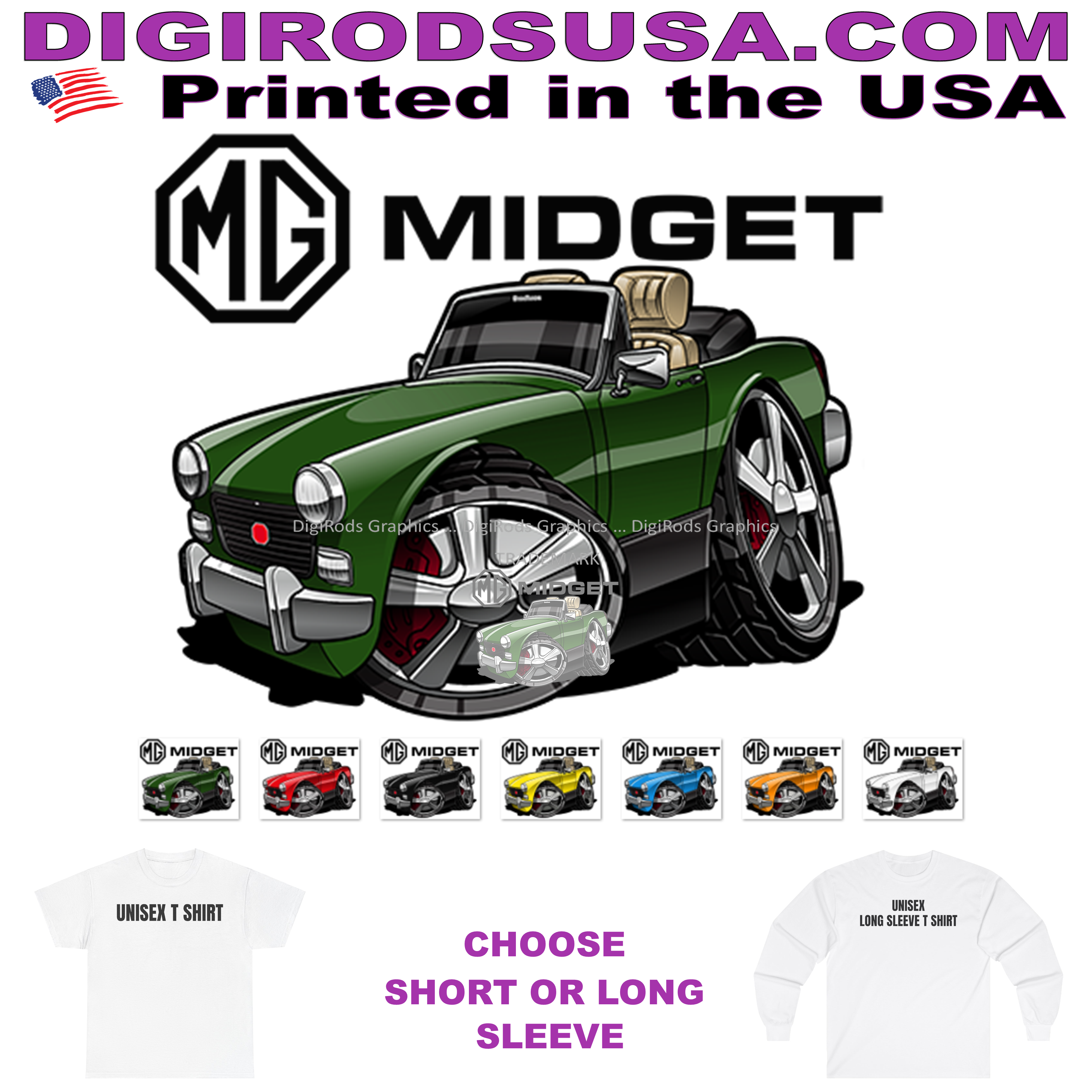 (MG) MG Midget British Convertible DigiRods Cartoon Car Graphics T Shi ...