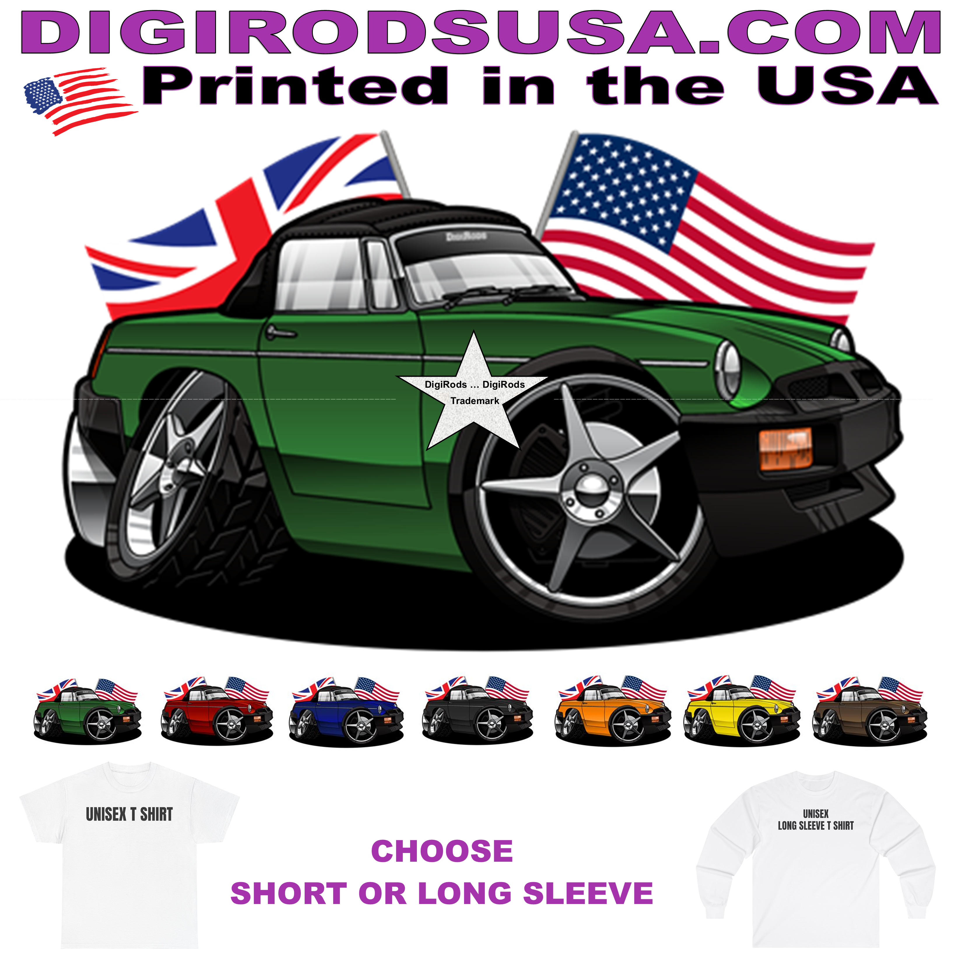 (MG) MGB Convertible British / American Flags DigiRods Cartoon Car Gra ...